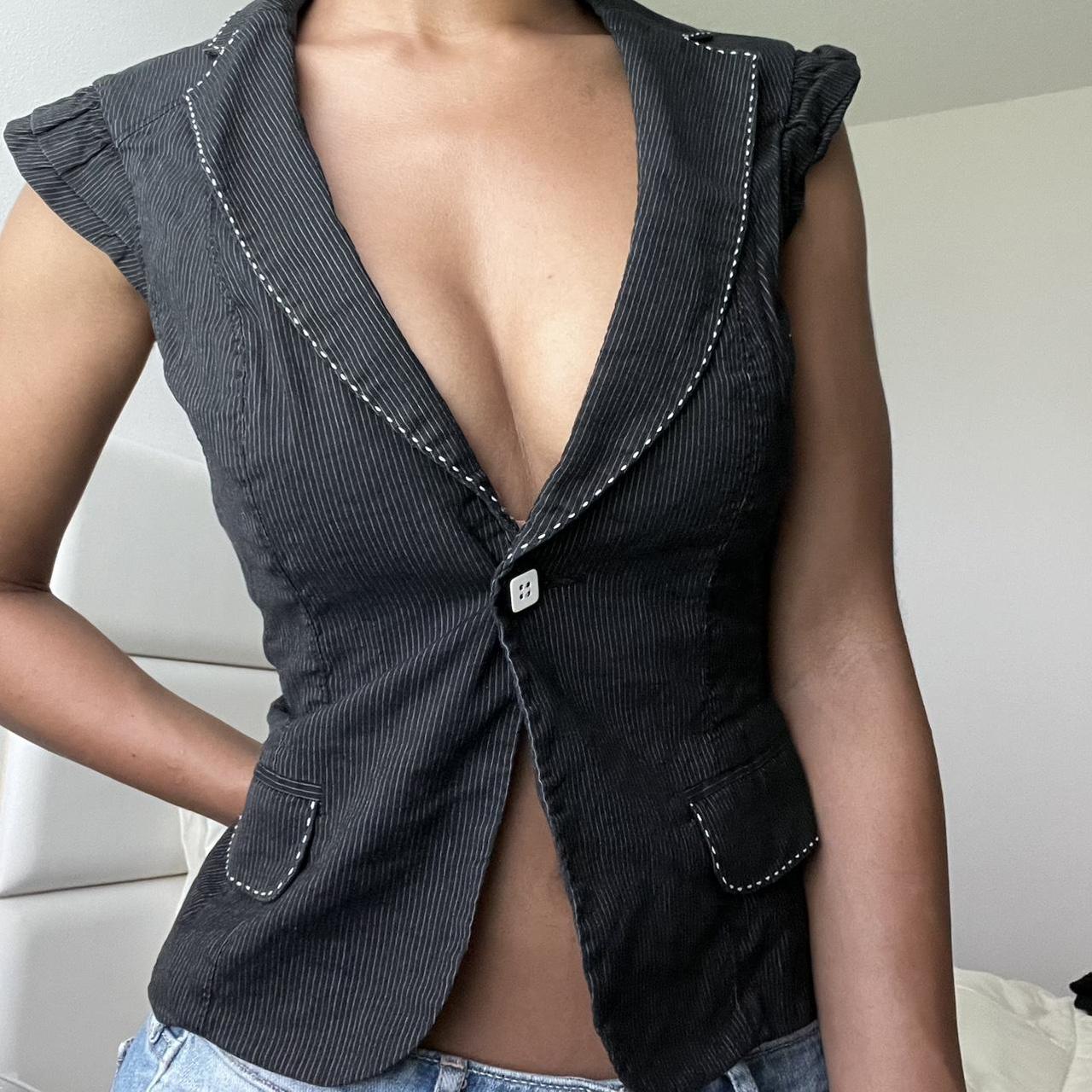 office siren 90s y2k bebe pinstripe puff sleeve top... | Depop