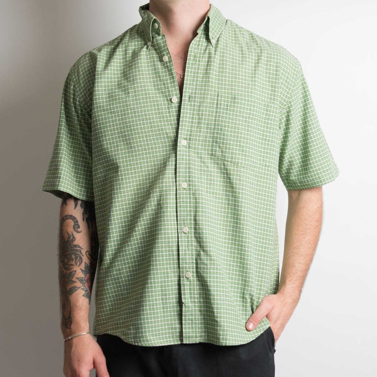 lime green plaid button up shirt functional front... - Depop