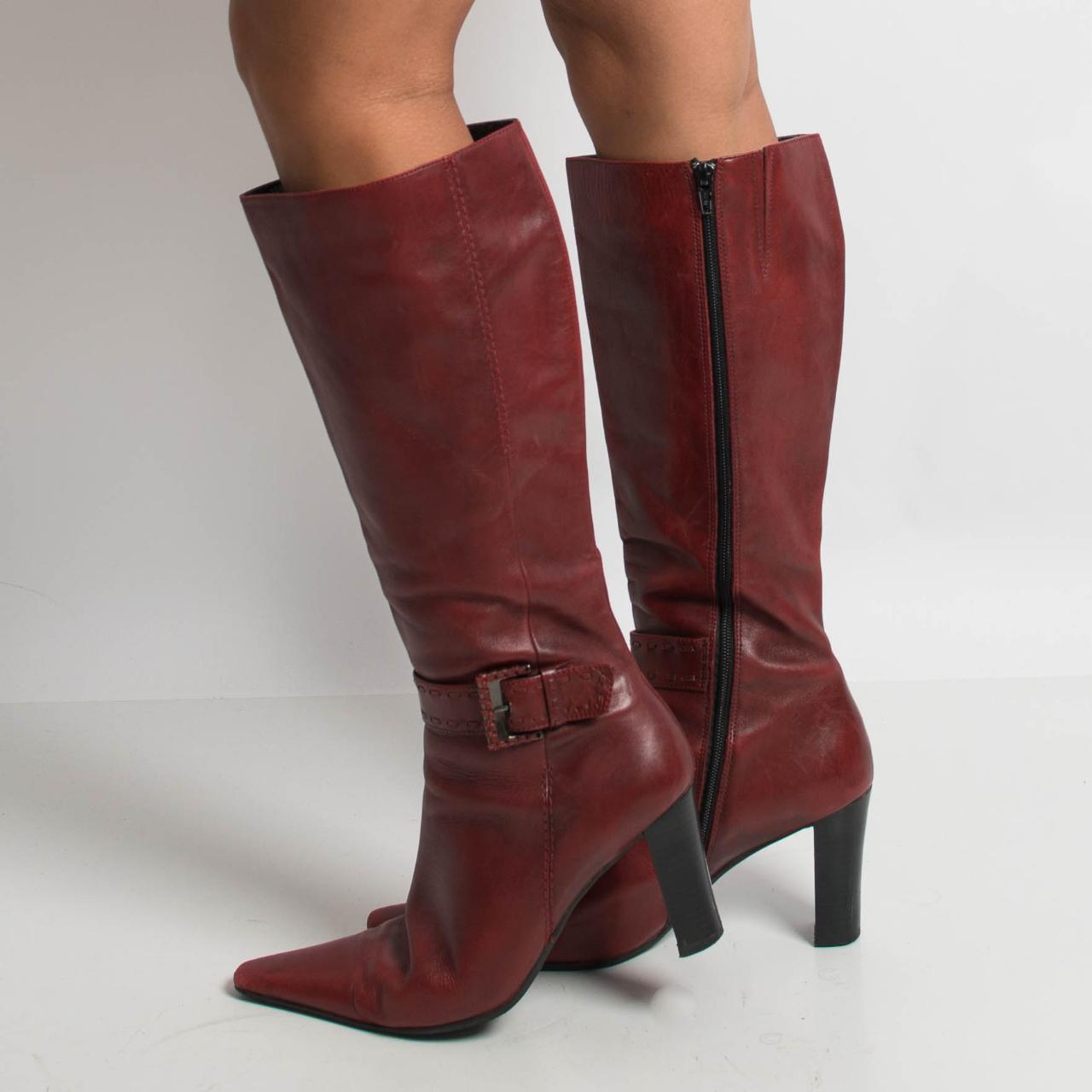 burgundy leather high knee boots from... - Depop