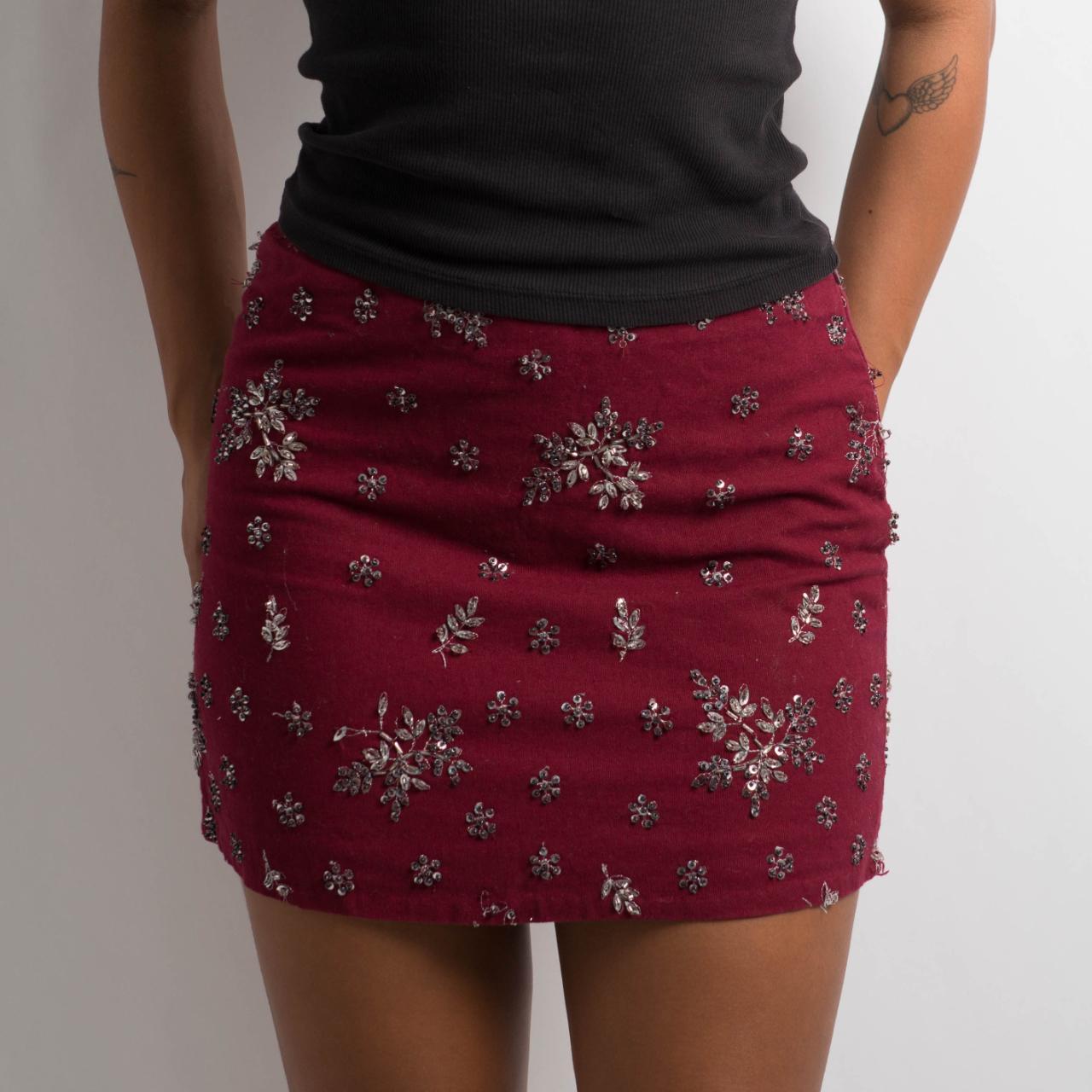 maroon beaded mini skirt invisible zip closure left... | Depop