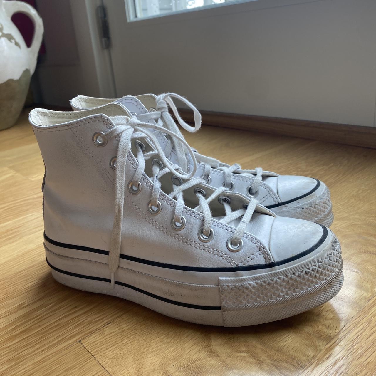white leather platform high top converse slightly... - Depop