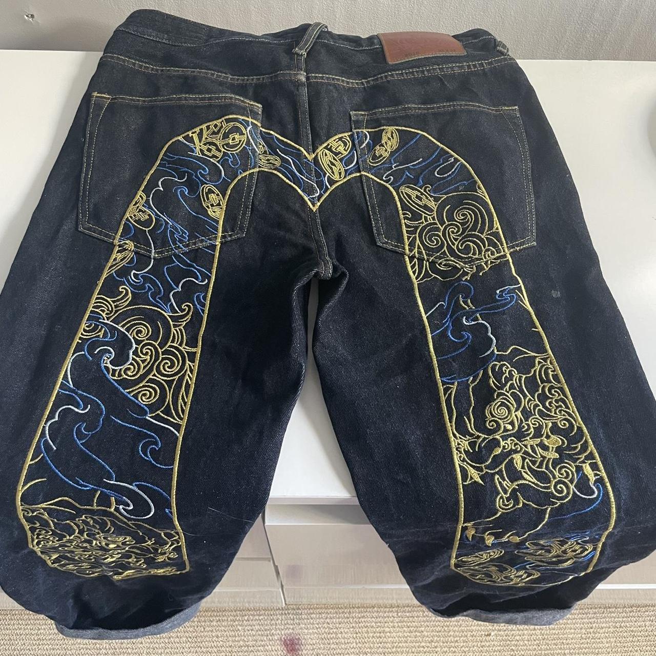 Great quality evisu jeans with beautiful yellow blue... - Depop