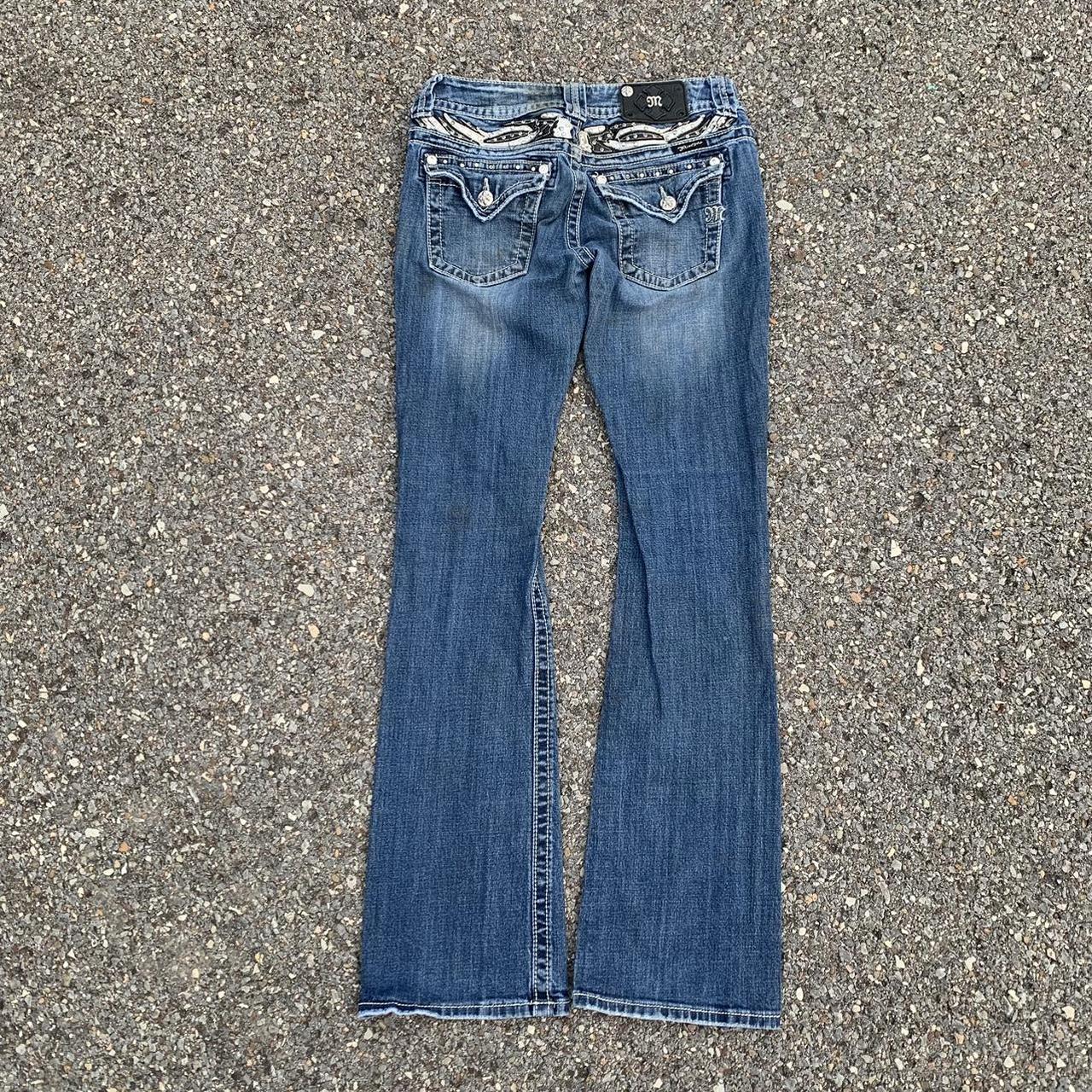 Y2K BEDAZZLED MISS ME BOOTCUT JEANS 28x30 flaws... - Depop