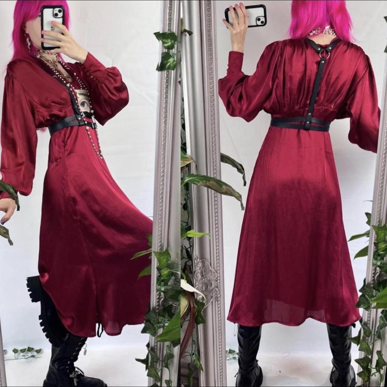 Dark red colour in satin fabric Maxi length, Cinched... - Depop