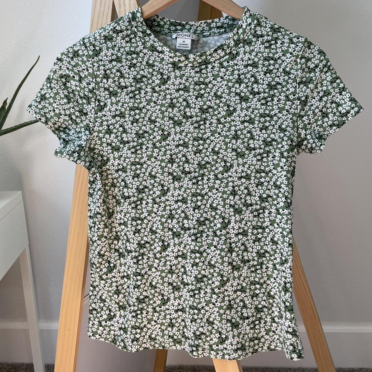 MONKI GREEN FLORAL TEE -size M -cutest little tiny... - Depop