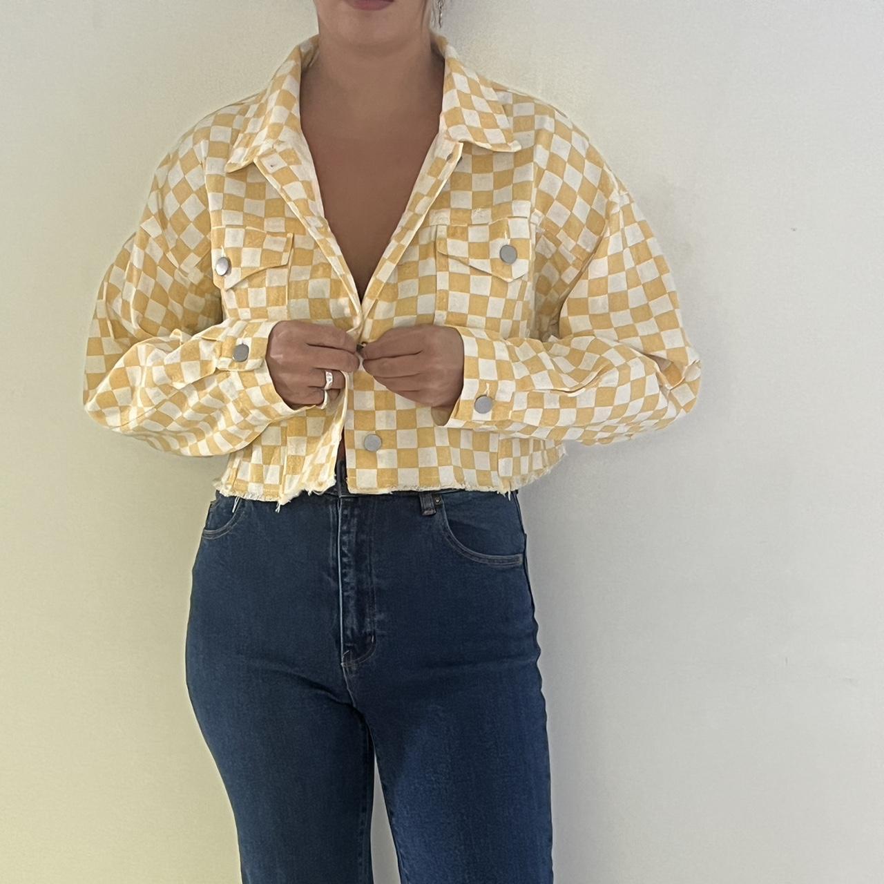 cropped yellow checkered denim jacket never worn - Depop