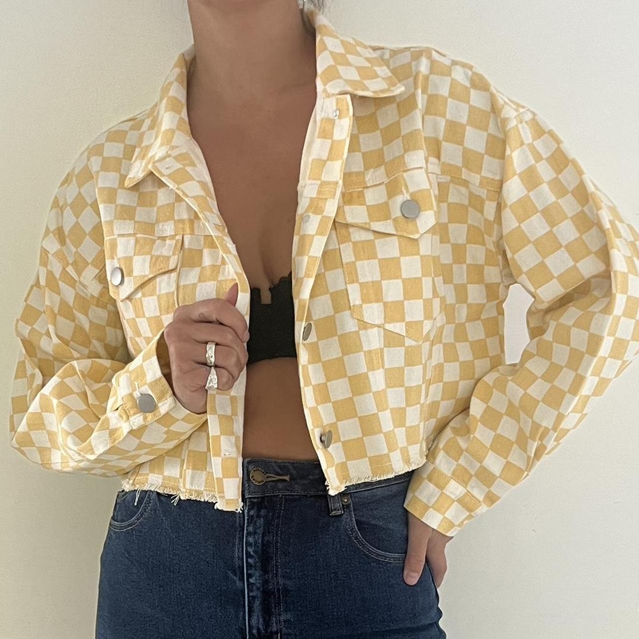 cropped yellow checkered denim jacket never worn - Depop