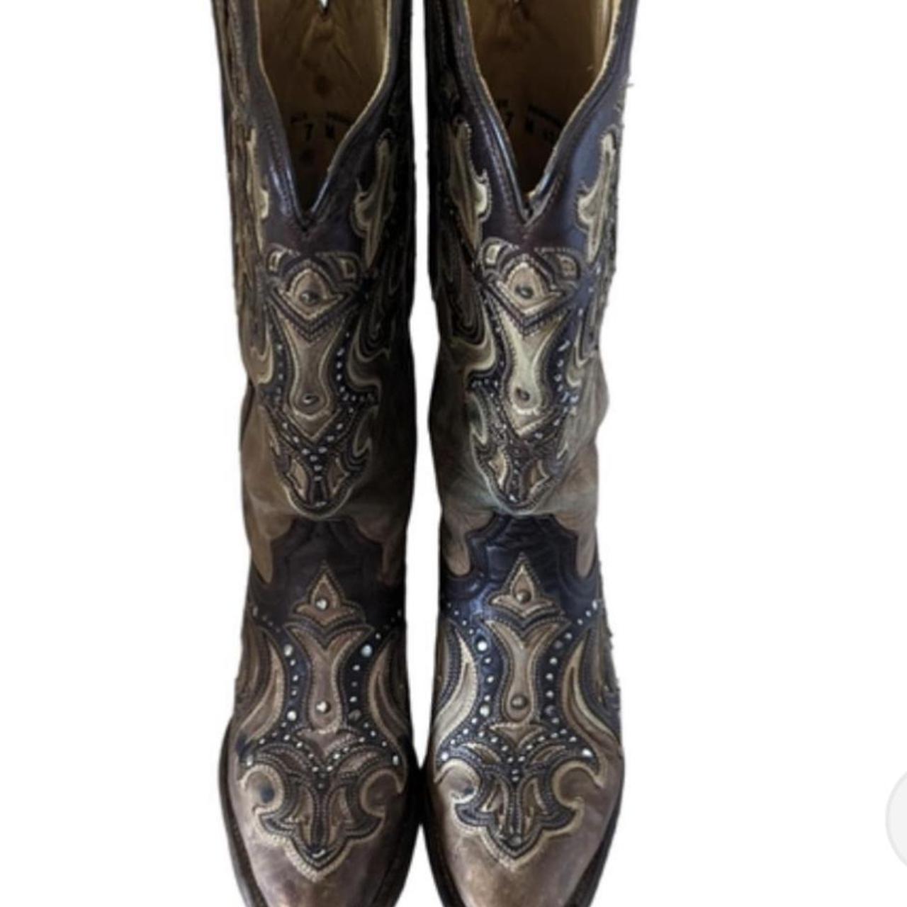 Corral Brown & Black Leather Inlay Studded Snip Toe... - Depop