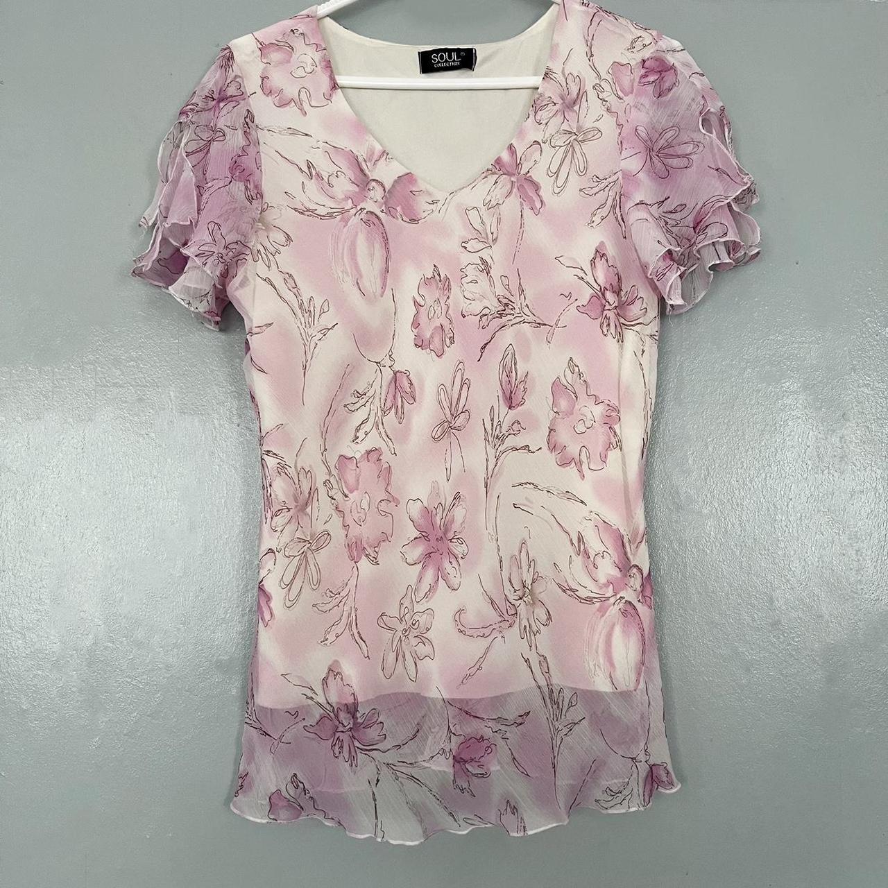 Pink floral mesh overlay t-shirt with split sleeves... - Depop