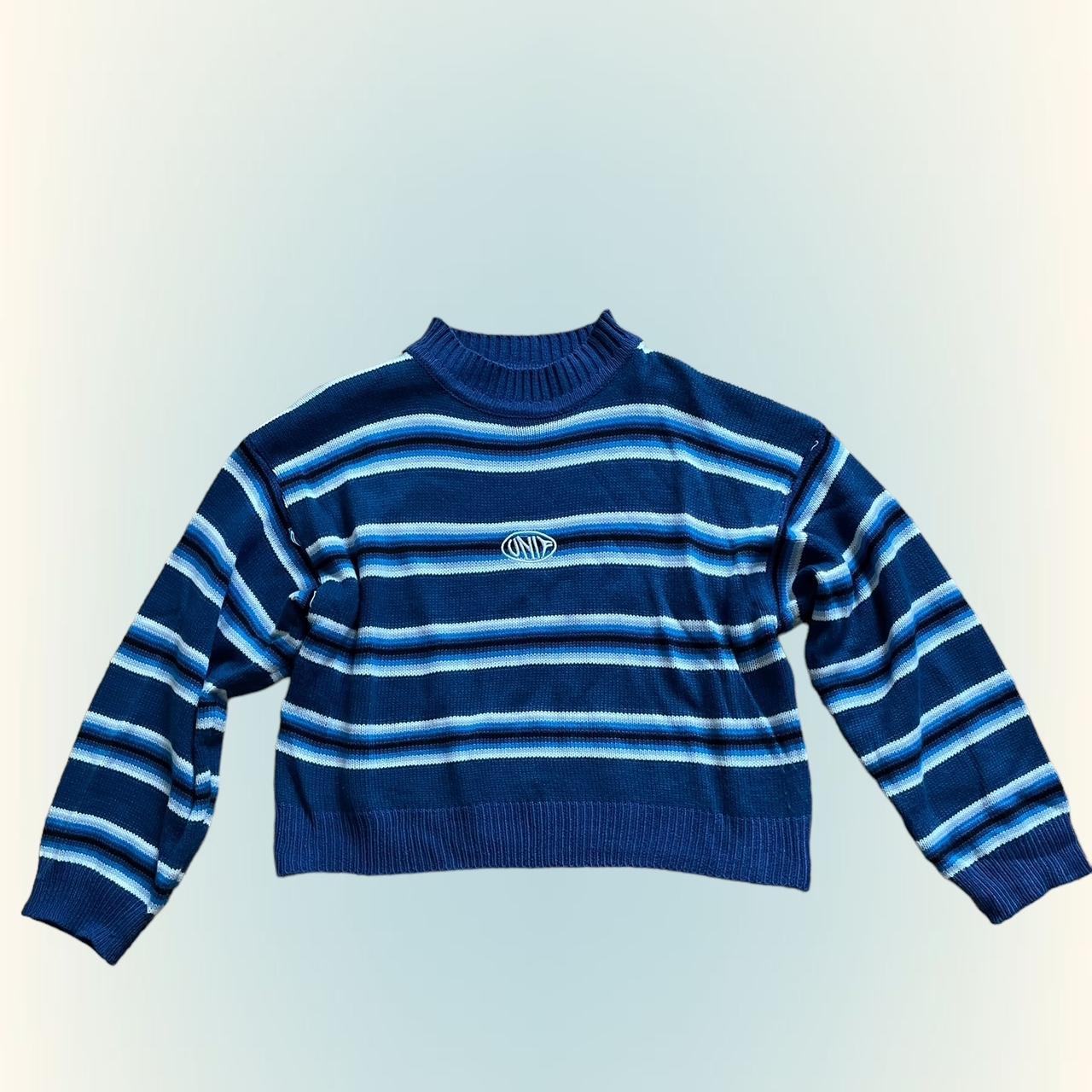 unif striped white and blue sweater with mock... - Depop