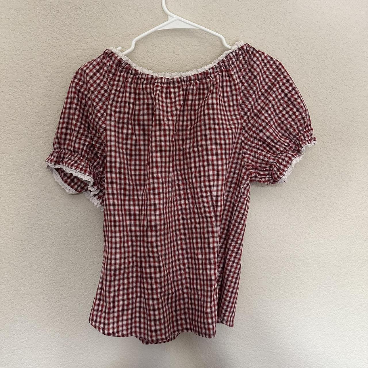 Frilly vintage plaid red button top Size S So cute... - Depop