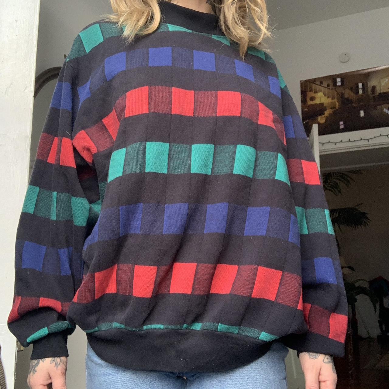 Vintage crew neck Colorful checkered sweatshirt... - Depop