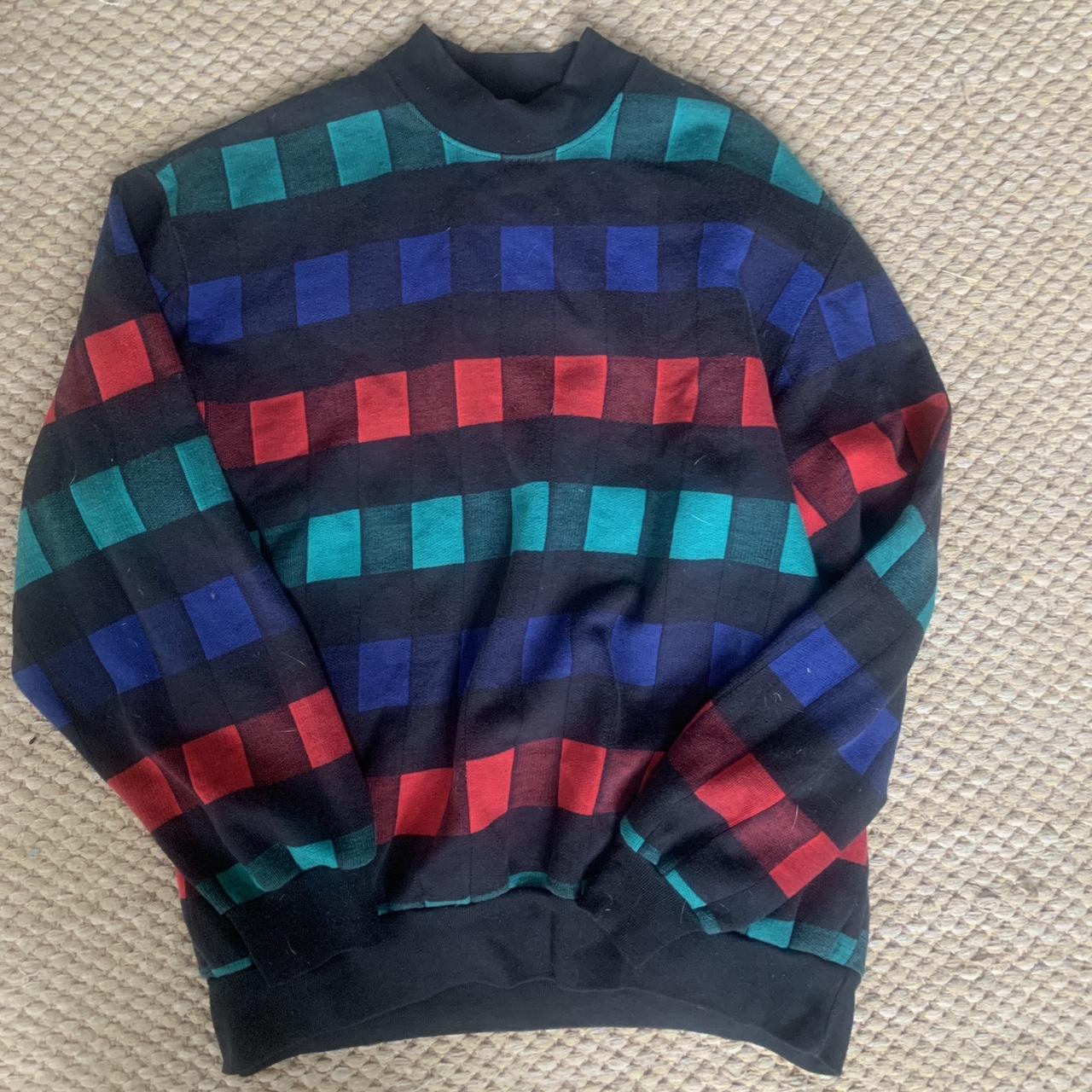 Vintage crew neck Colorful checkered sweatshirt... - Depop