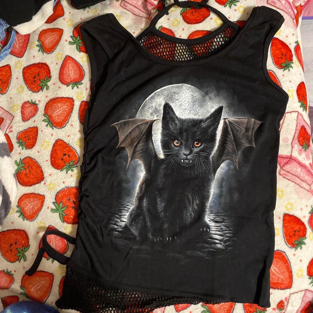 Black bat cat graphic top with fishnet finishings... - Depop