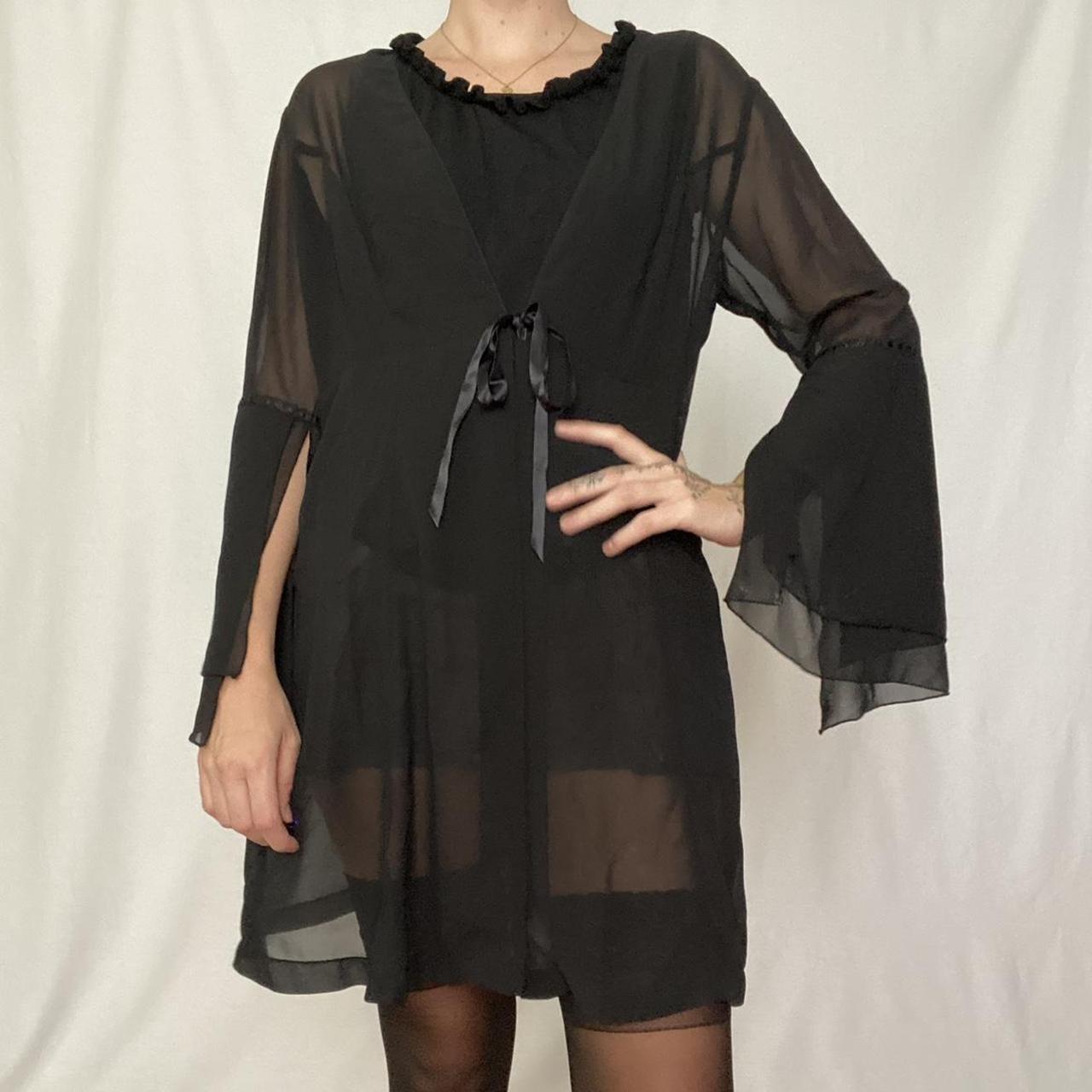 black sheer mesh robe with ribbon tie and bell... - Depop