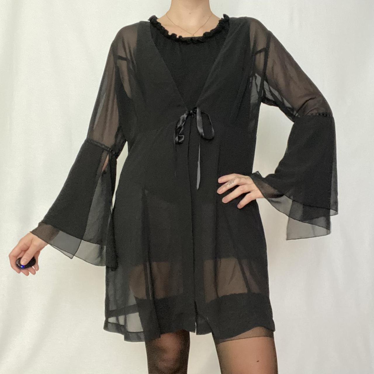 Black Sheer Mesh Robe With Ribbon Tie And Bell Depop