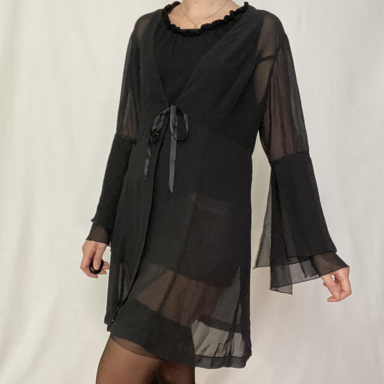 black sheer mesh robe with ribbon tie and bell... - Depop