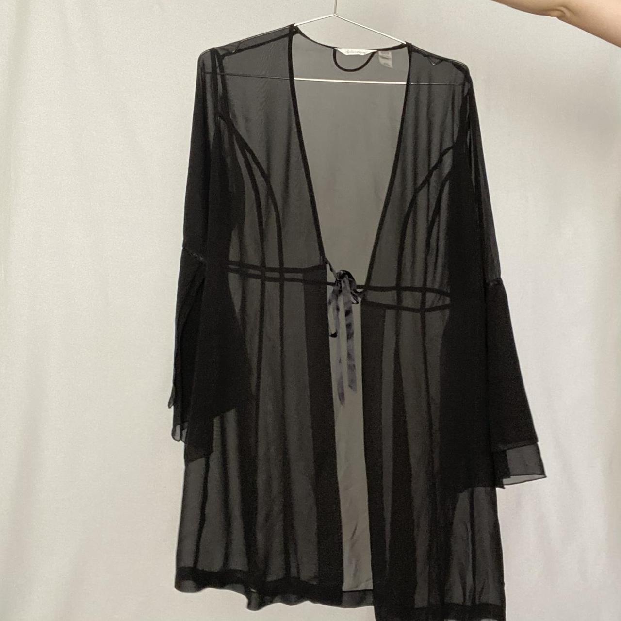 black sheer mesh robe with ribbon tie and bell... - Depop