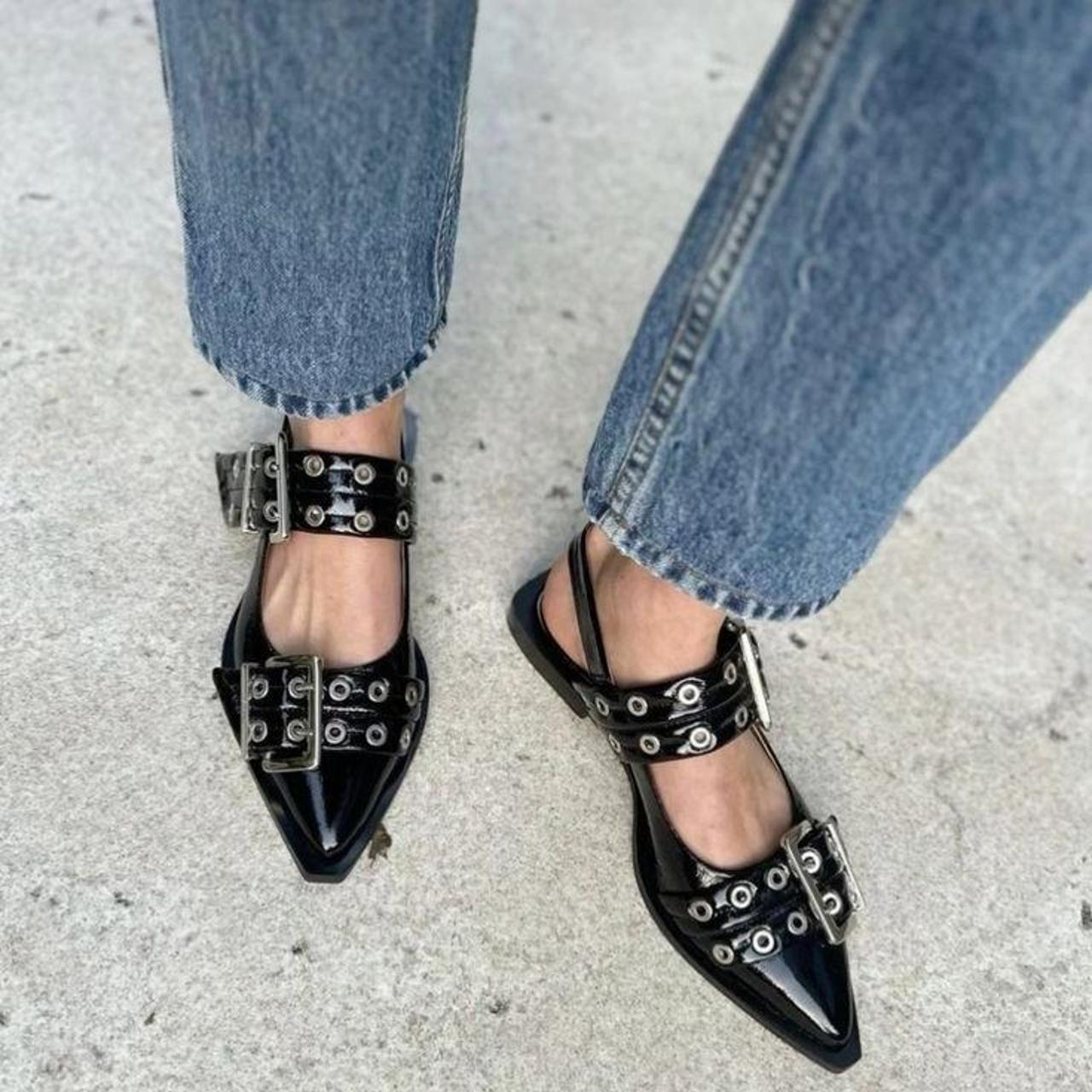 buckle strap sling back flats black with silver... - Depop