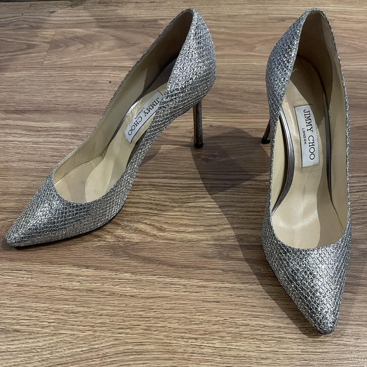 JIMMY CHOO ‘Romy 85’ Heels in silver glitter and... - Depop