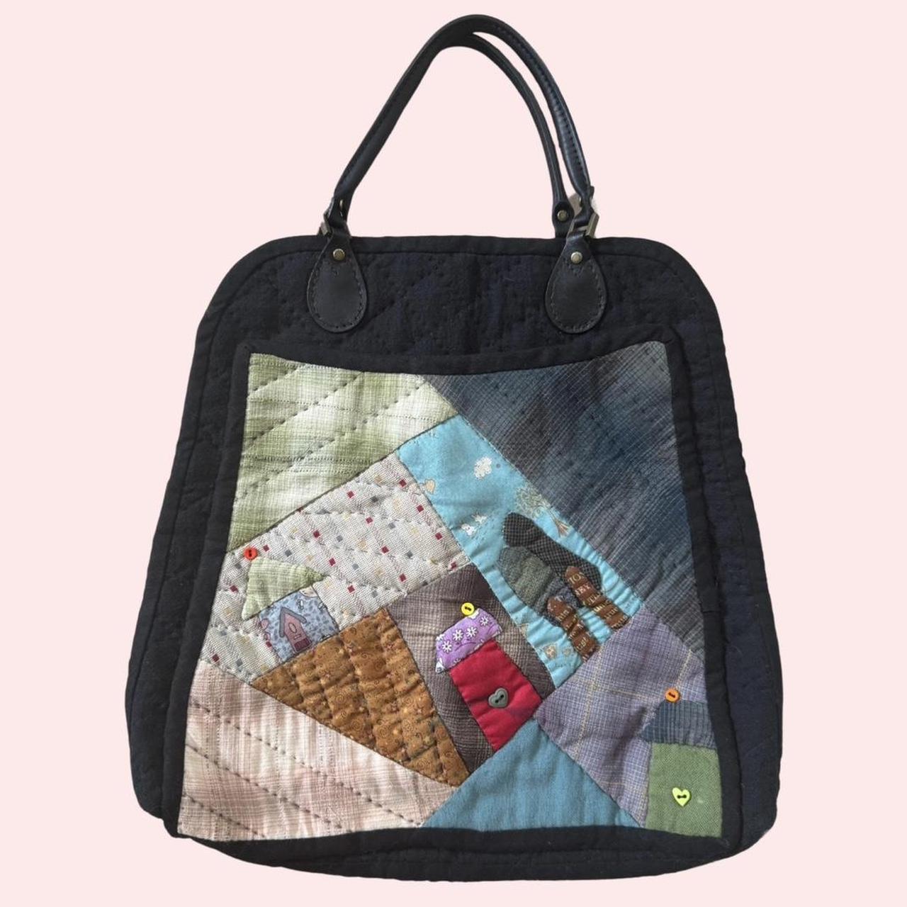 Black quilted tote bag with patchwork design... | Depop