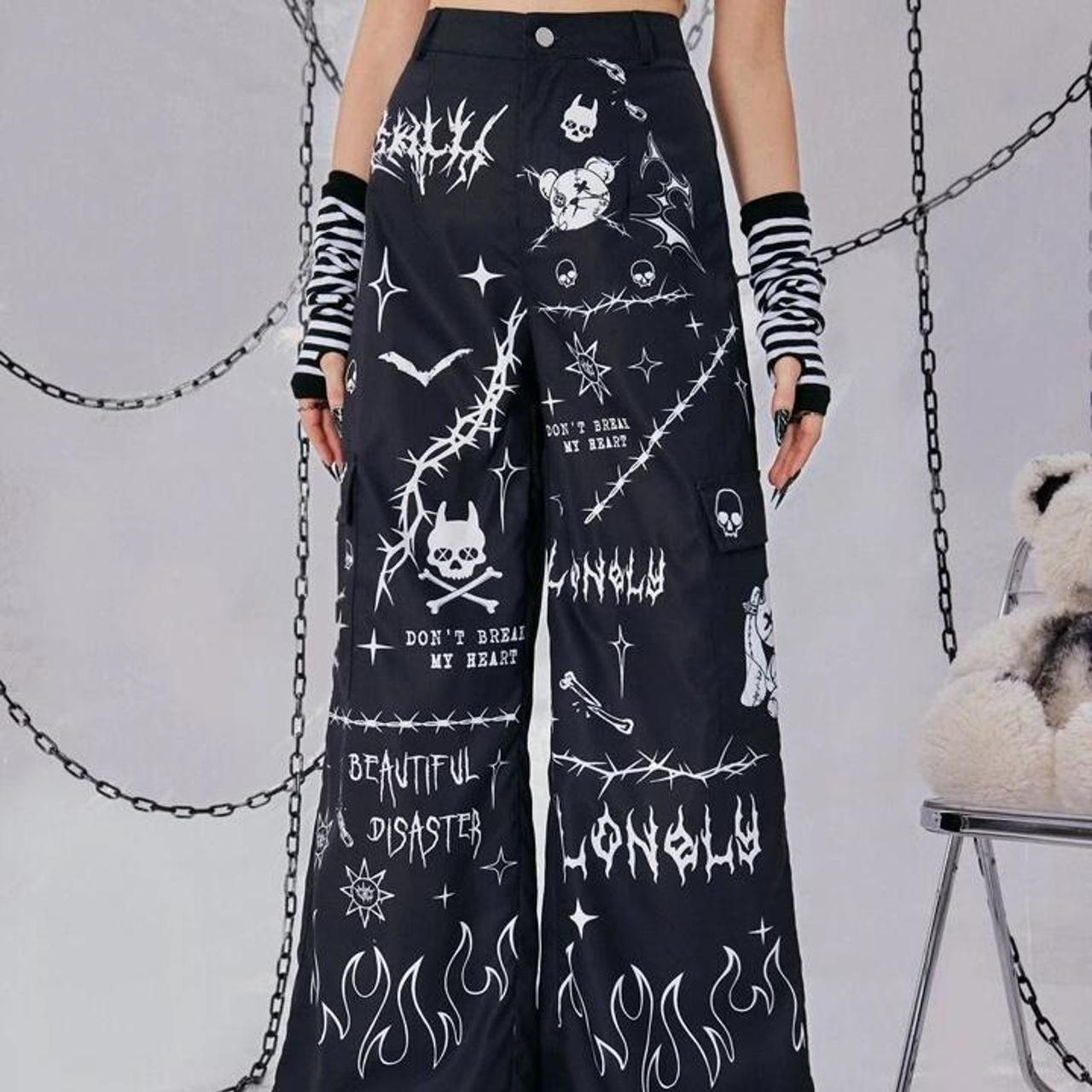 Grunge Punk Letter & Fire Print Wide Leg Pants Size... - Depop