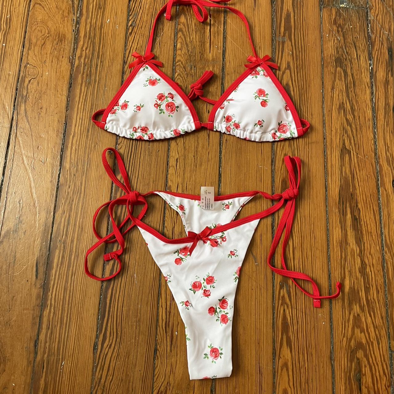 Cheeky white and red floral bikini set! Size small... | Depop