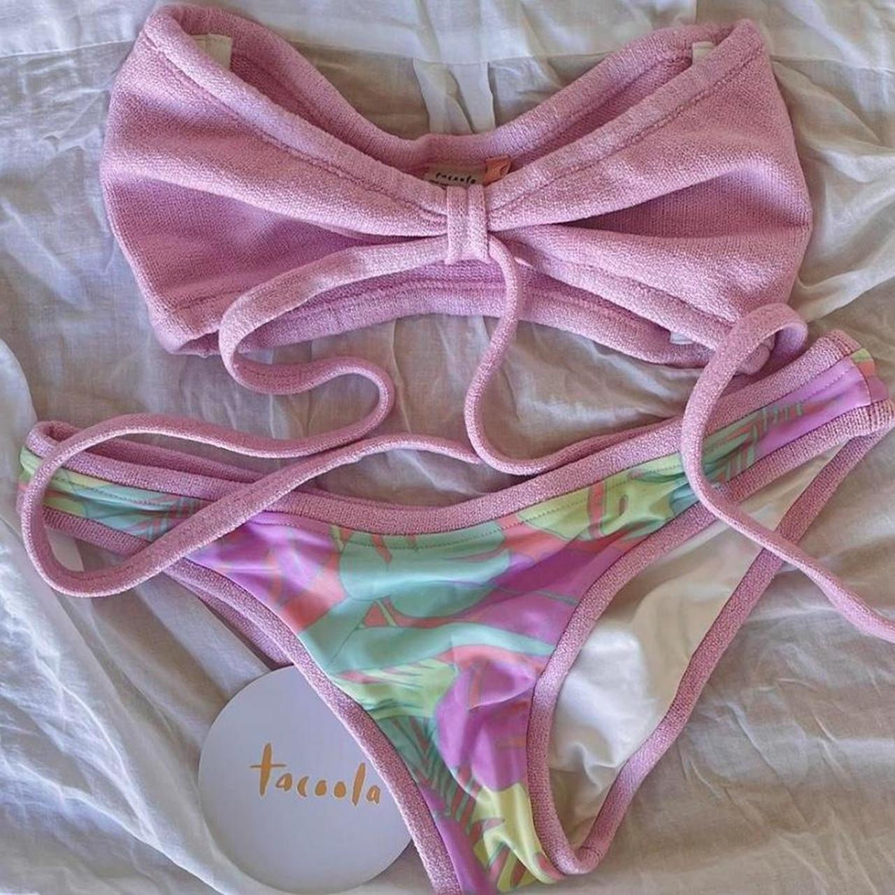Tacoola swim pink bikini + printed bottoms Bandeau... - Depop