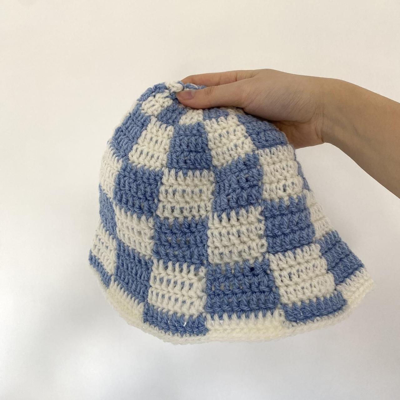 Blue handmade checkered crochet bucket hat - super... - Depop