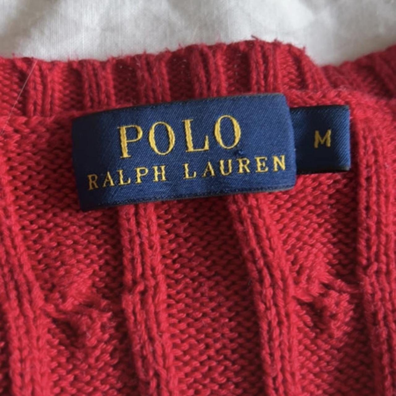 Red Ralph Lauren Polo Cable-Knit V-Neck Jumper Open... - Depop