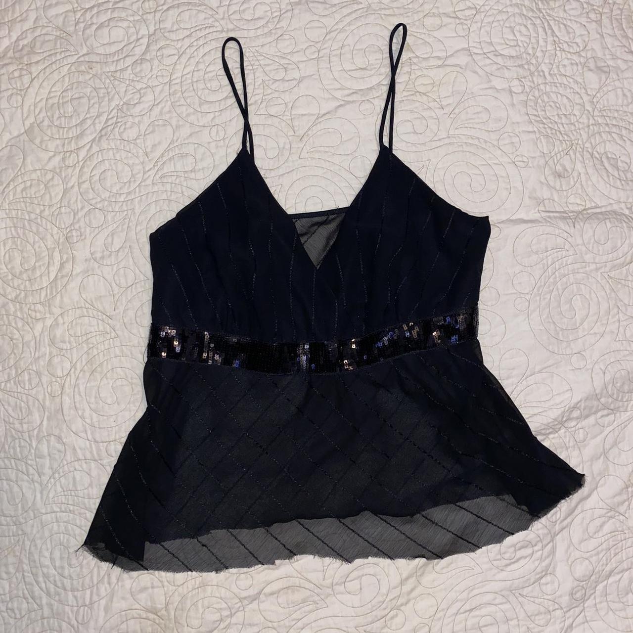 sheer black sequin spaghetti strap top with rough... - Depop