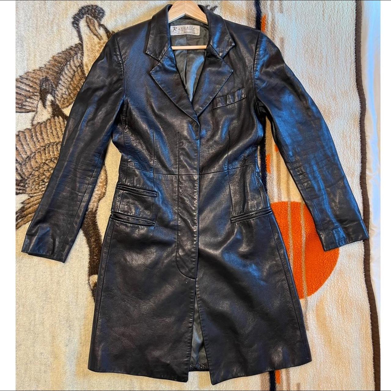 Vintage tailored fit long black leather jacket 90s... - Depop