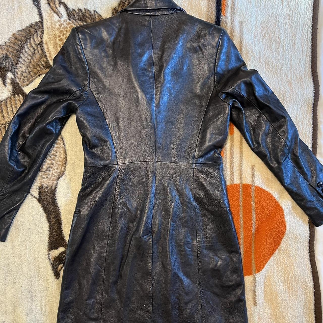 Vintage tailored fit long black leather jacket 90s... - Depop