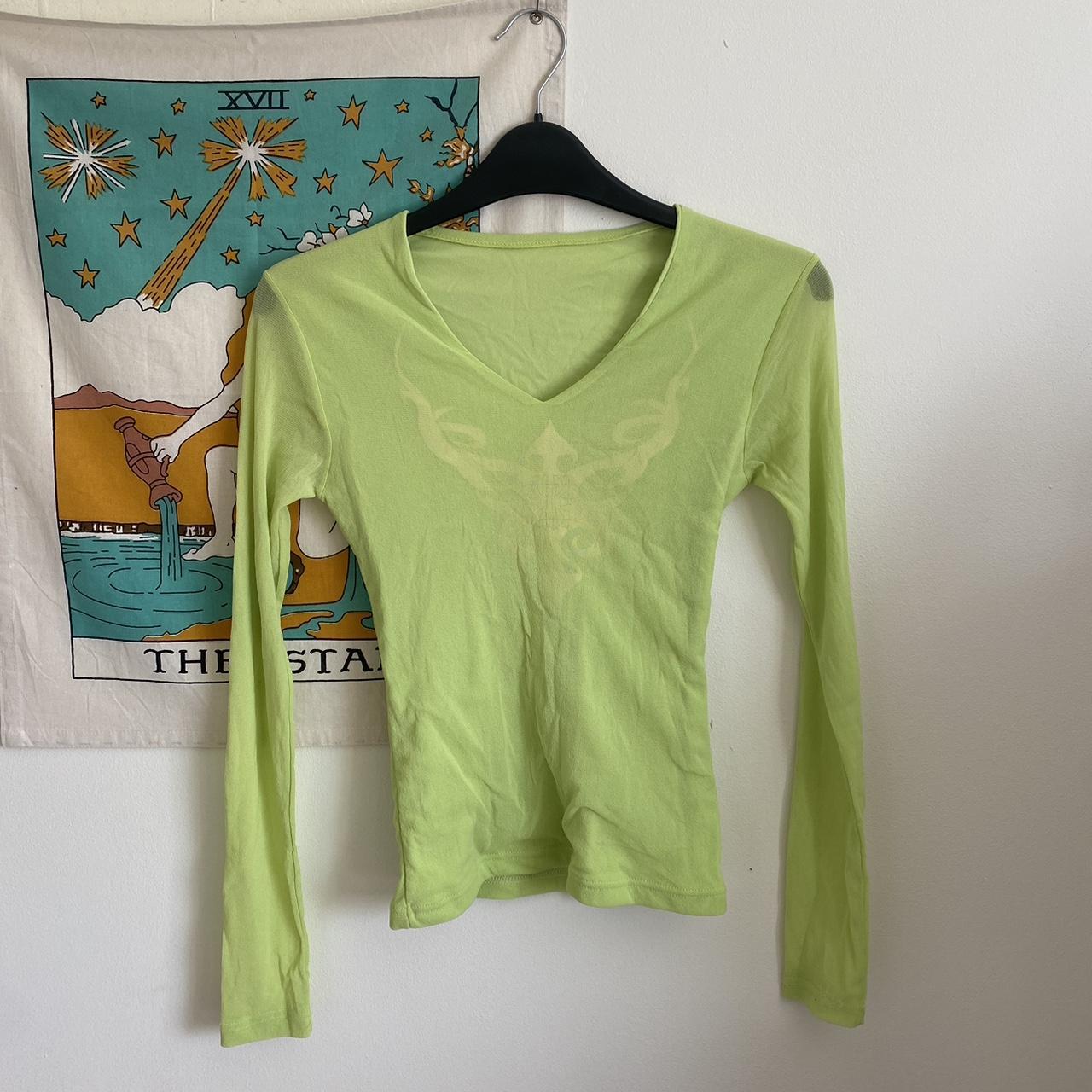 Green 2000s print mesh long sleeve top Mesh... - Depop