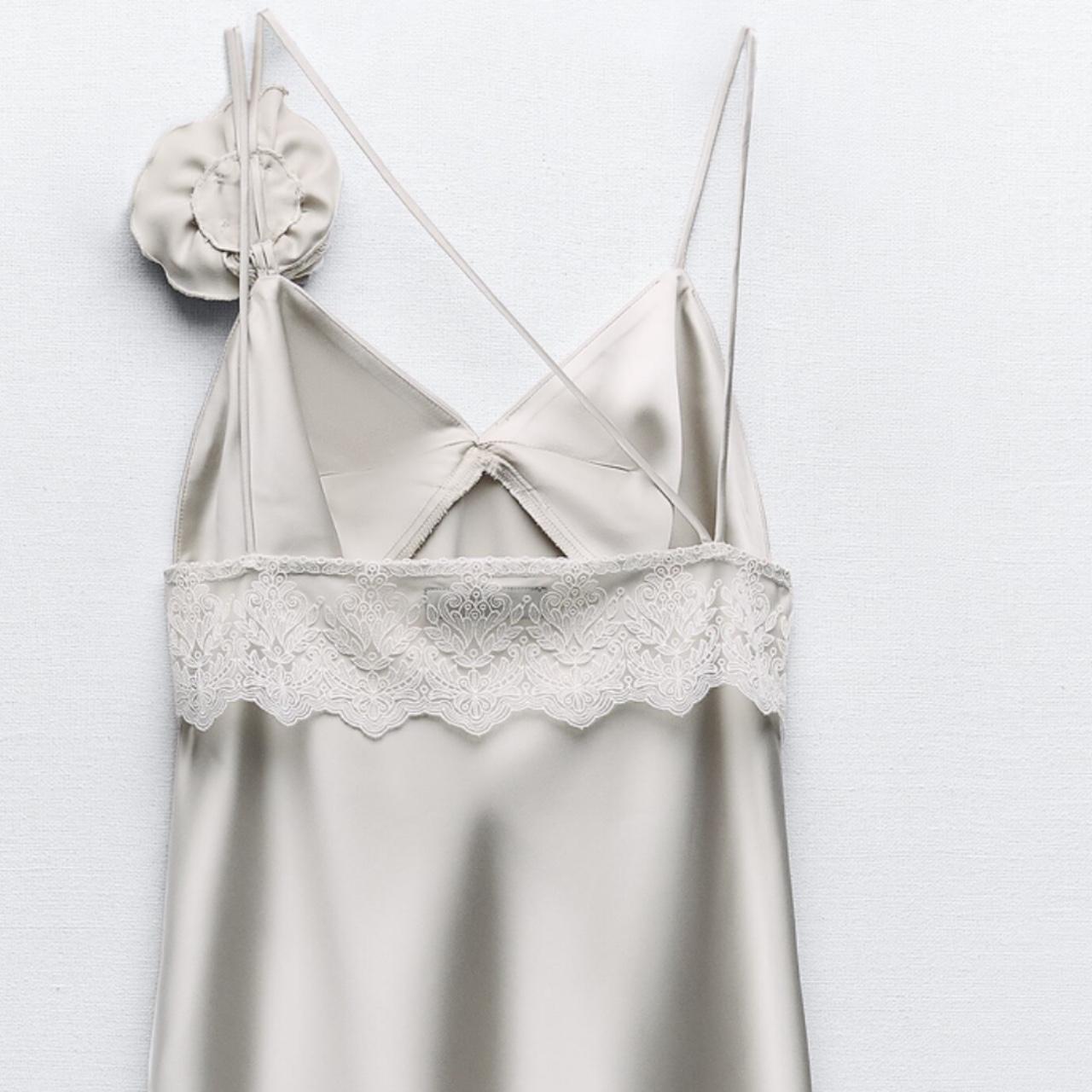 Zara Crème Slip Mini Dress With Flower and Lace... - Depop