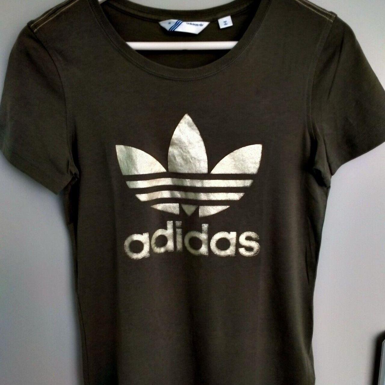 Adidas Trefoil T shirt khaki green with Gold Trefoil... - Depop