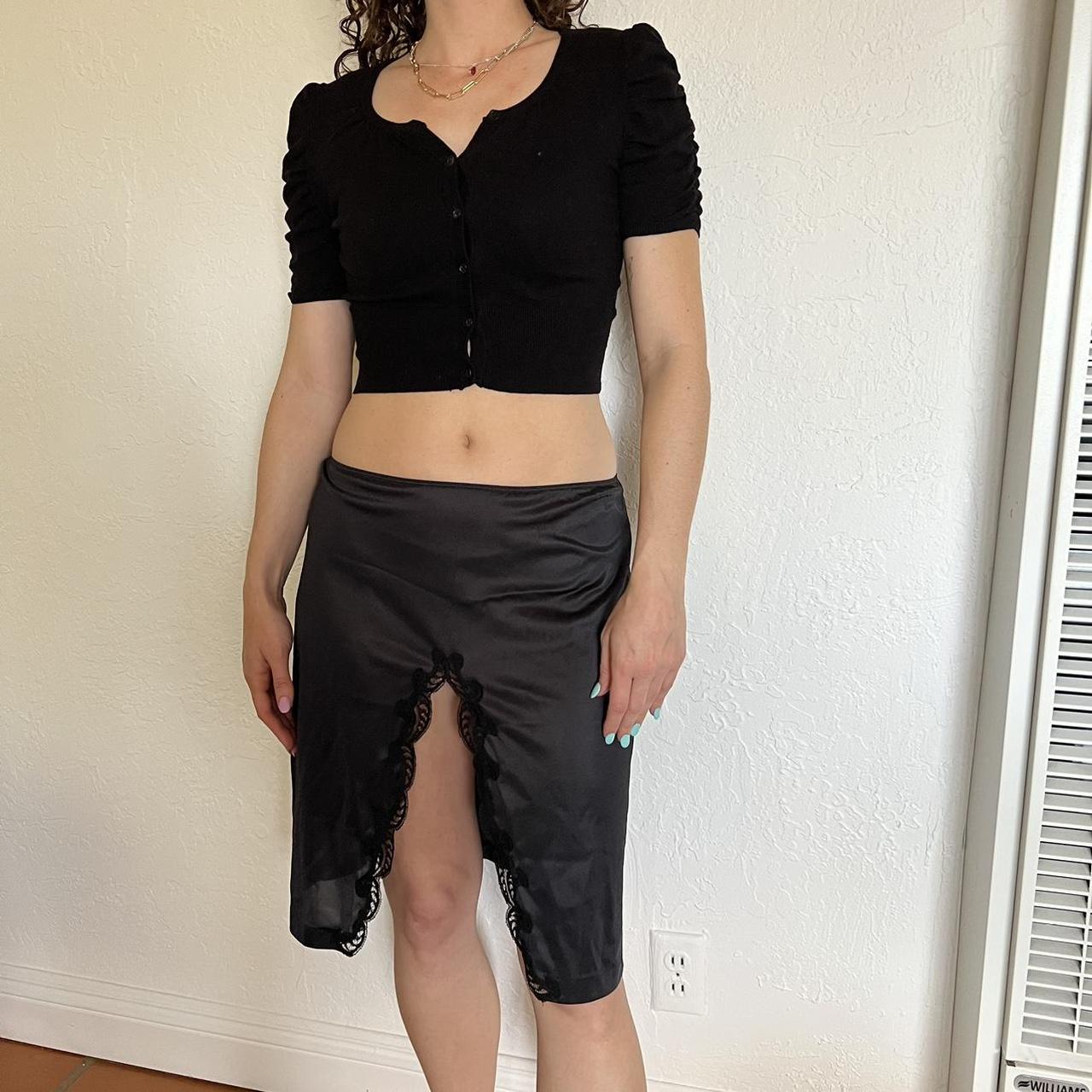 Vintage black slip skirt with ultra high slit that... - Depop