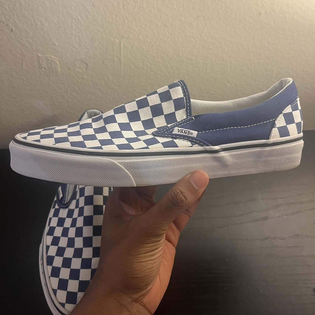Blue & White Checkered Vans slip-ons. Size 10 US... - Depop