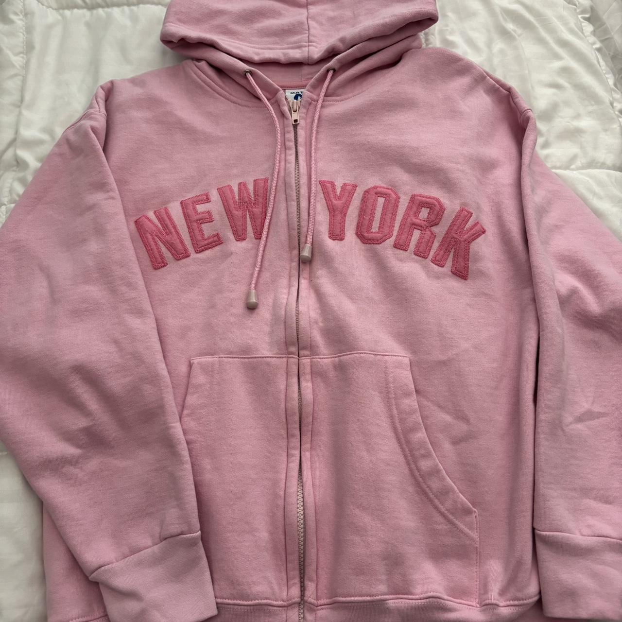 pink new york zip up hoodie no stains #newyork... - Depop