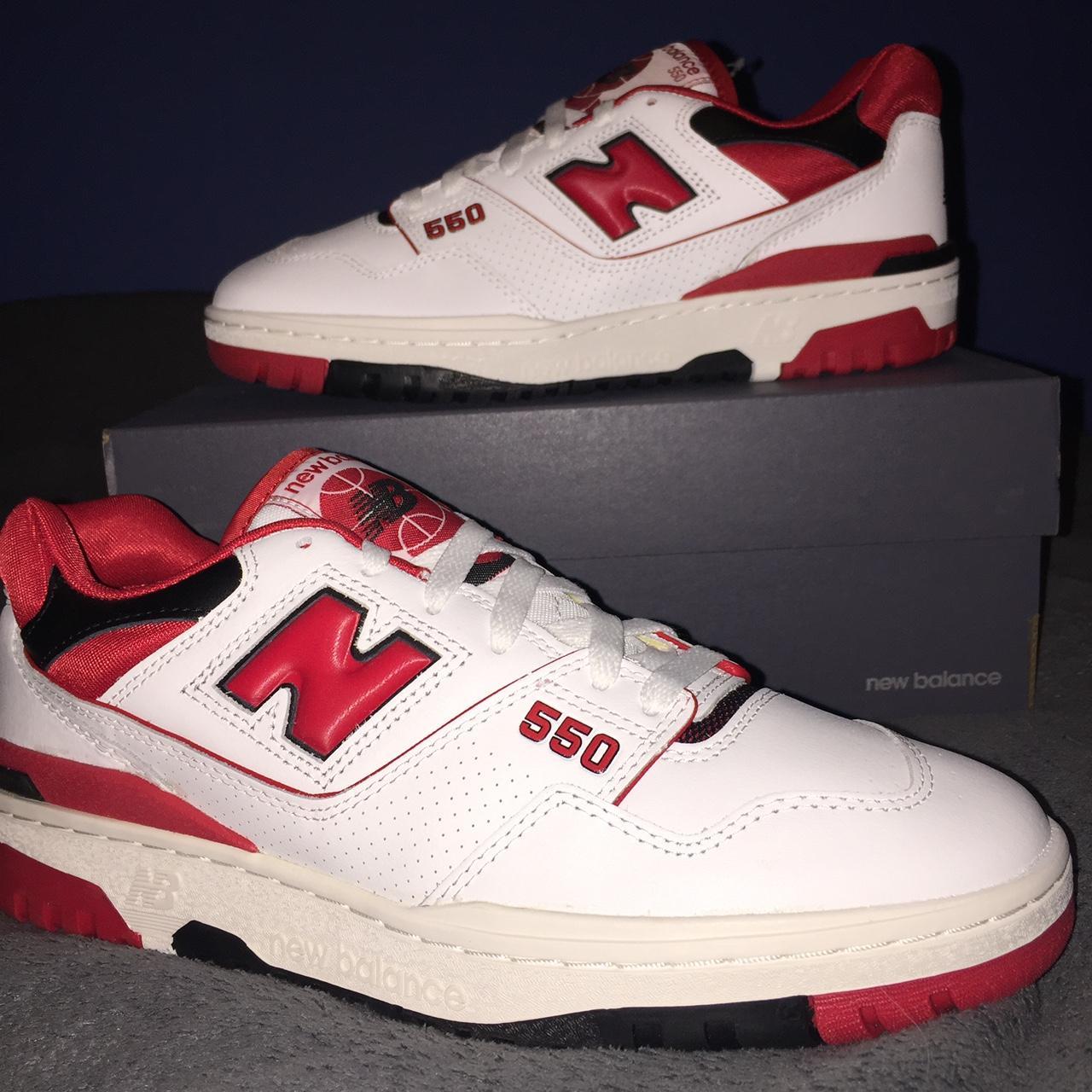 New Balance Men's White and Red Trainers | Depop