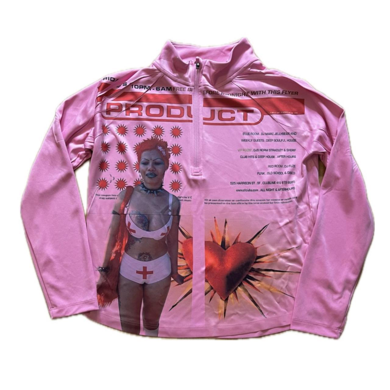 Y2K raver graphic pink pullover with red details ... - Depop