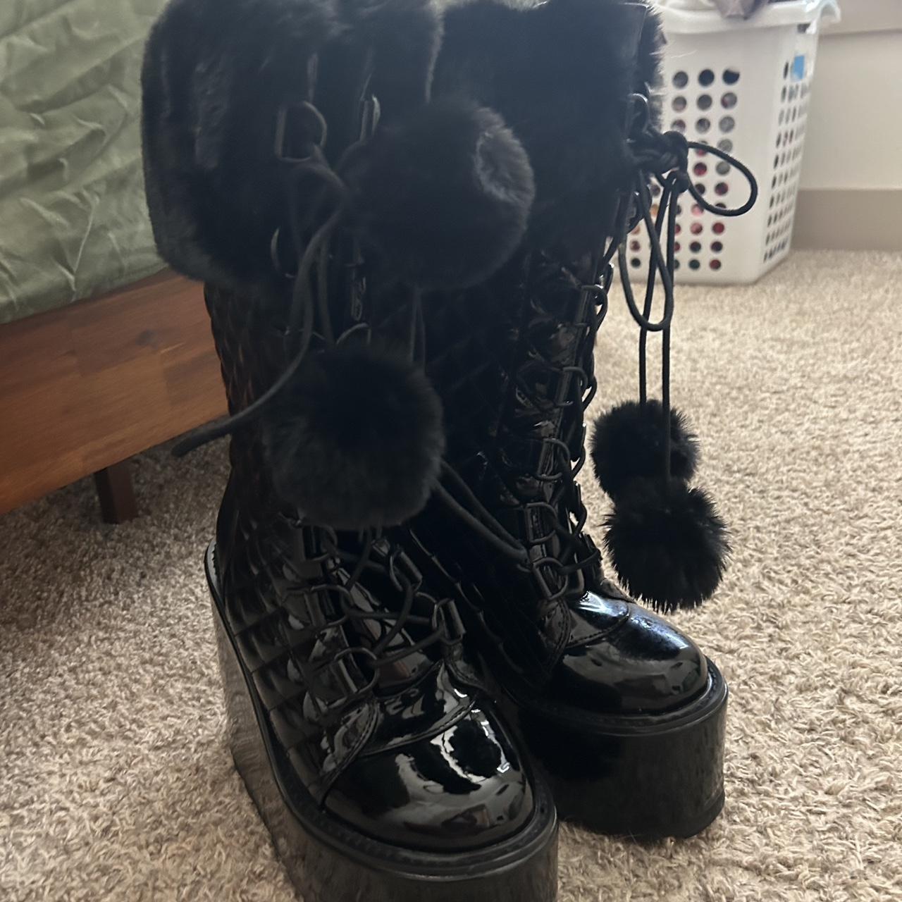 BLACK DUNE PATENT FUR RAVE PLATFORM BOOTS Only worn... | Depop