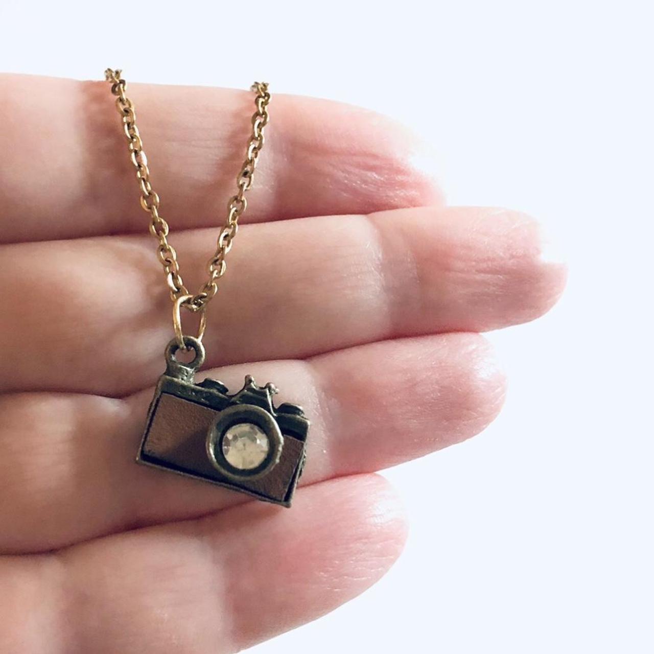 Tan & bronze retro camera necklace, an old fashioned... - Depop