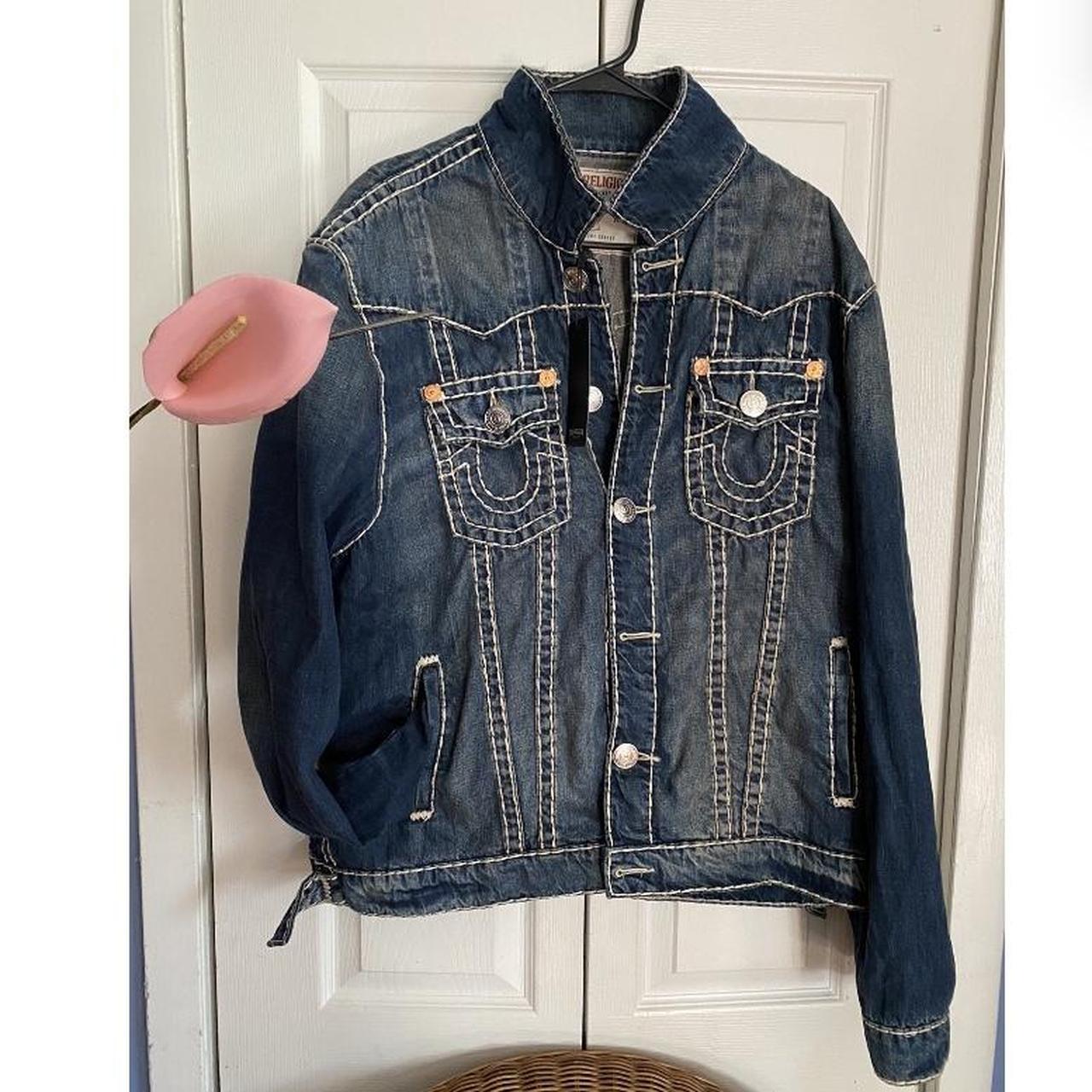 True Religion Men's Blue and White Jacket | Depop