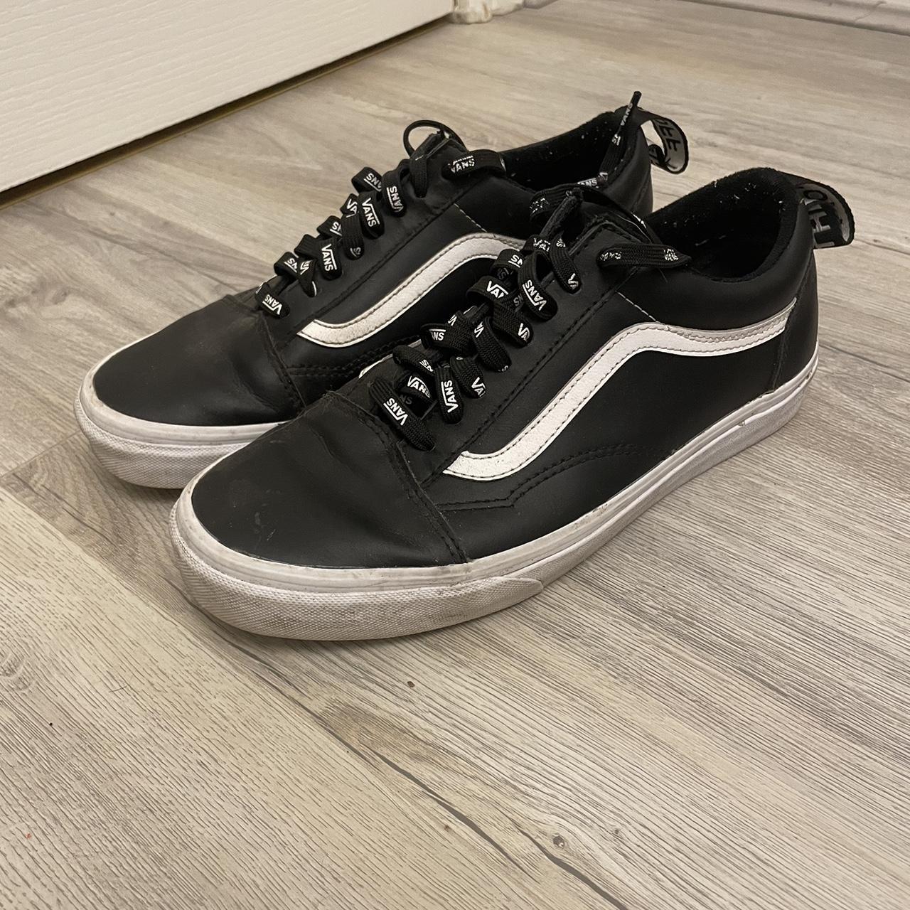 Black Leather Vans Shoes with vans brand... - Depop