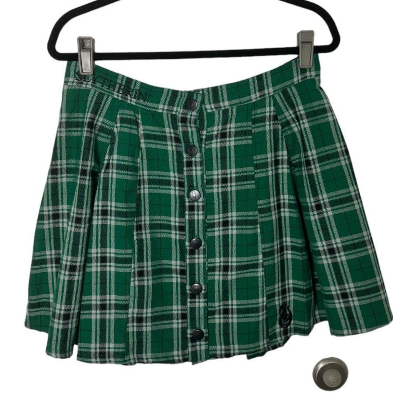 Harry Potter SZ L Slytherin Pleated Plaid... - Depop