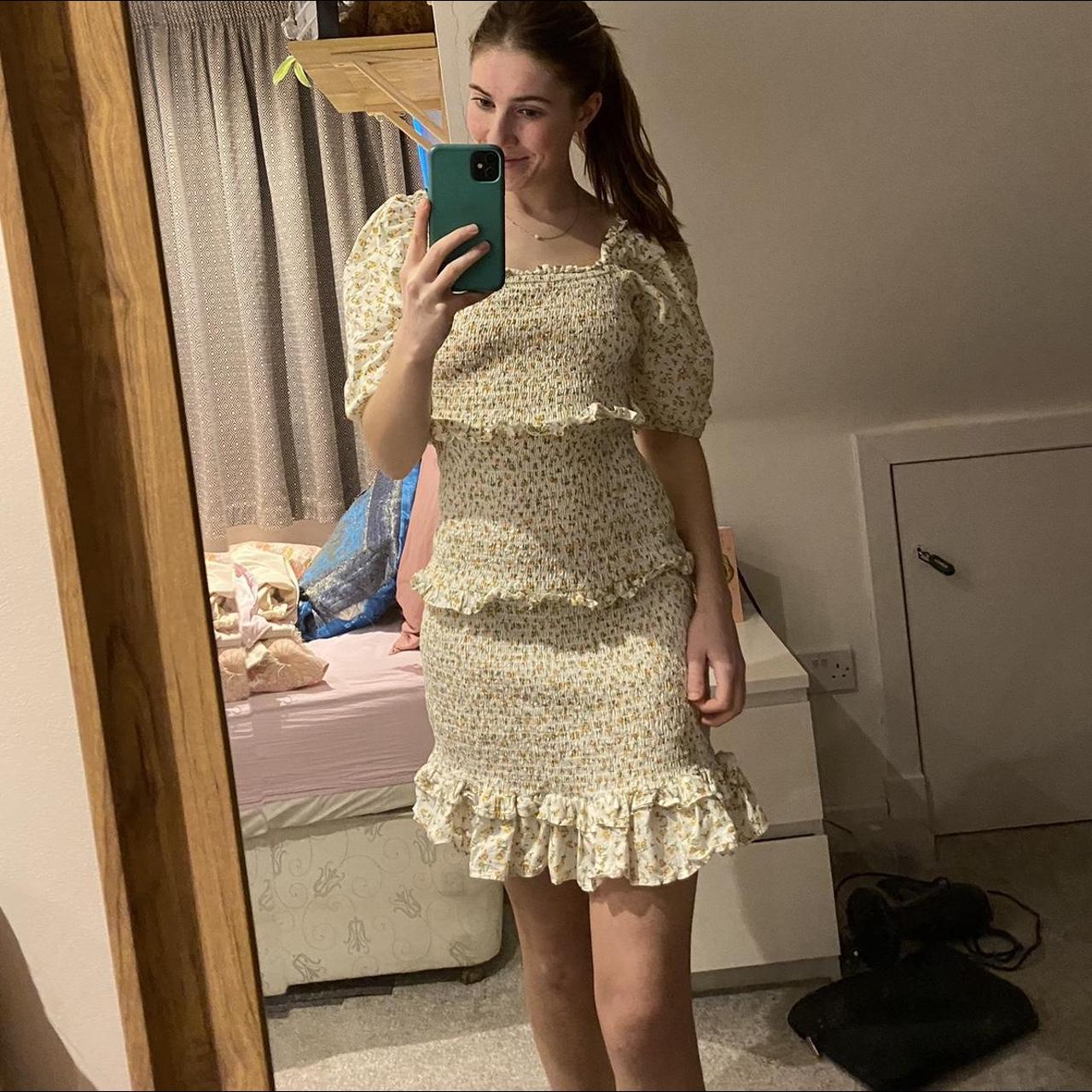 Yellow floral drill dress Size 10 but stretchy... - Depop