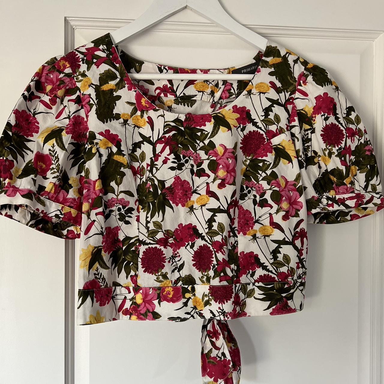 Primark floral tie black puff sleeve crop top Brand... - Depop