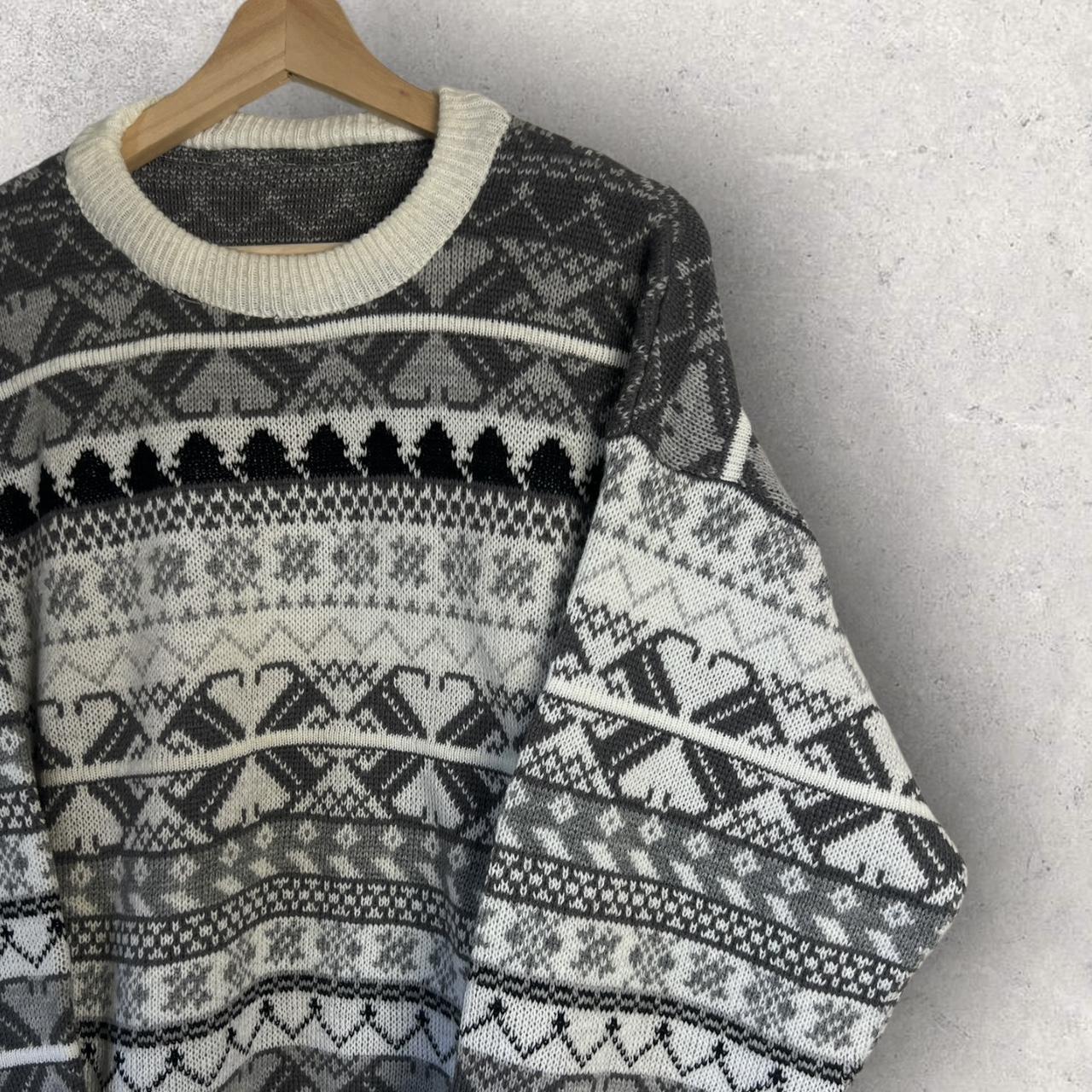 Grey and white vintage knitted jumper Label size:... - Depop
