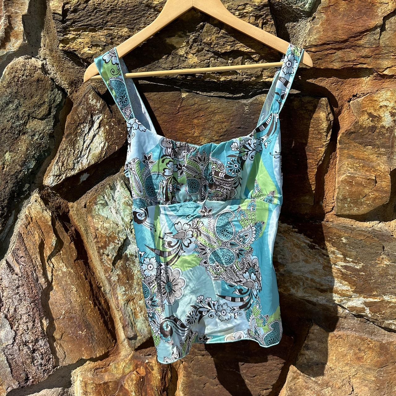 Blue and green silk like tank top by self esteem... | Depop